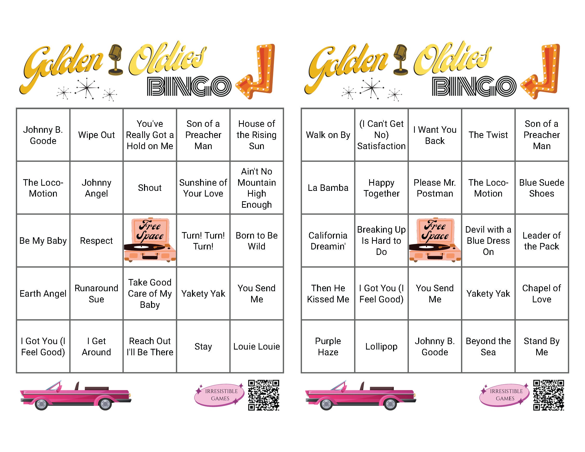 Music Bingo: Golden Oldies Bingo. 50's and 60's Classic Songs. 100 ...