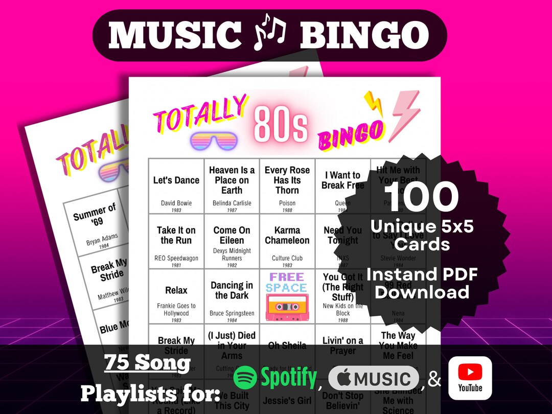 Music Bingo: Totally 80s Bingo. 100 Card Set. Instant PDF Download ...