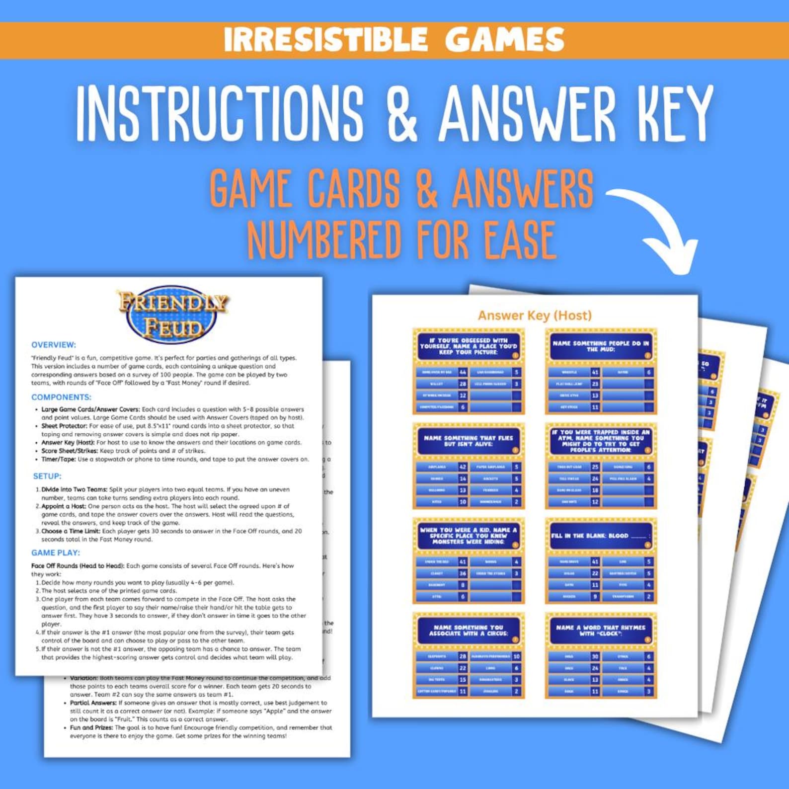 Friendly Feud Party Game | Printable Family and Friends Trivia Game ...
