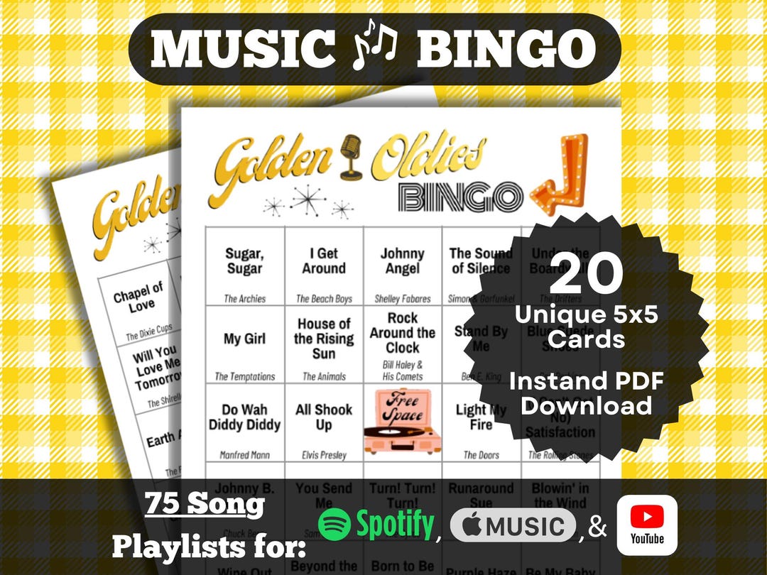 Music Bingo: Golden Oldies Bingo. 50's and 60's Classic Songs. 20 Cards ...