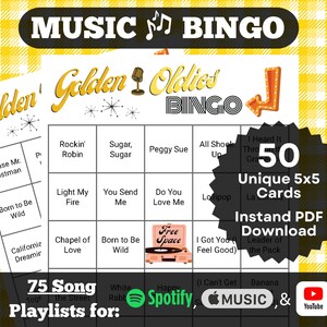 Music Bingo: Golden Oldies Bingo. 50's and 60's Classic Songs. 50 Cards ...