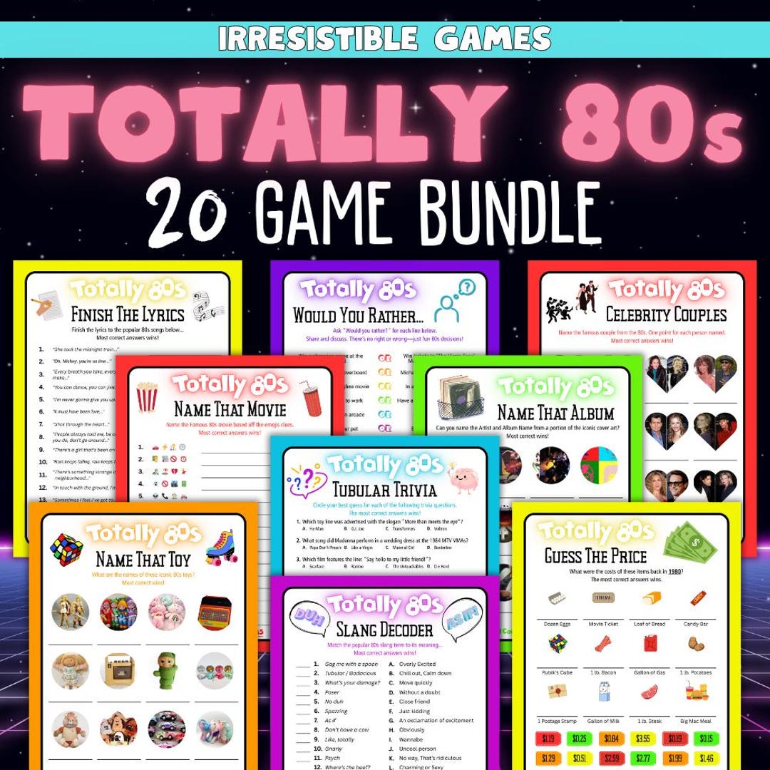 80s Game Bundle | Printable 80s Trivia Games | 80's Party Games and ...