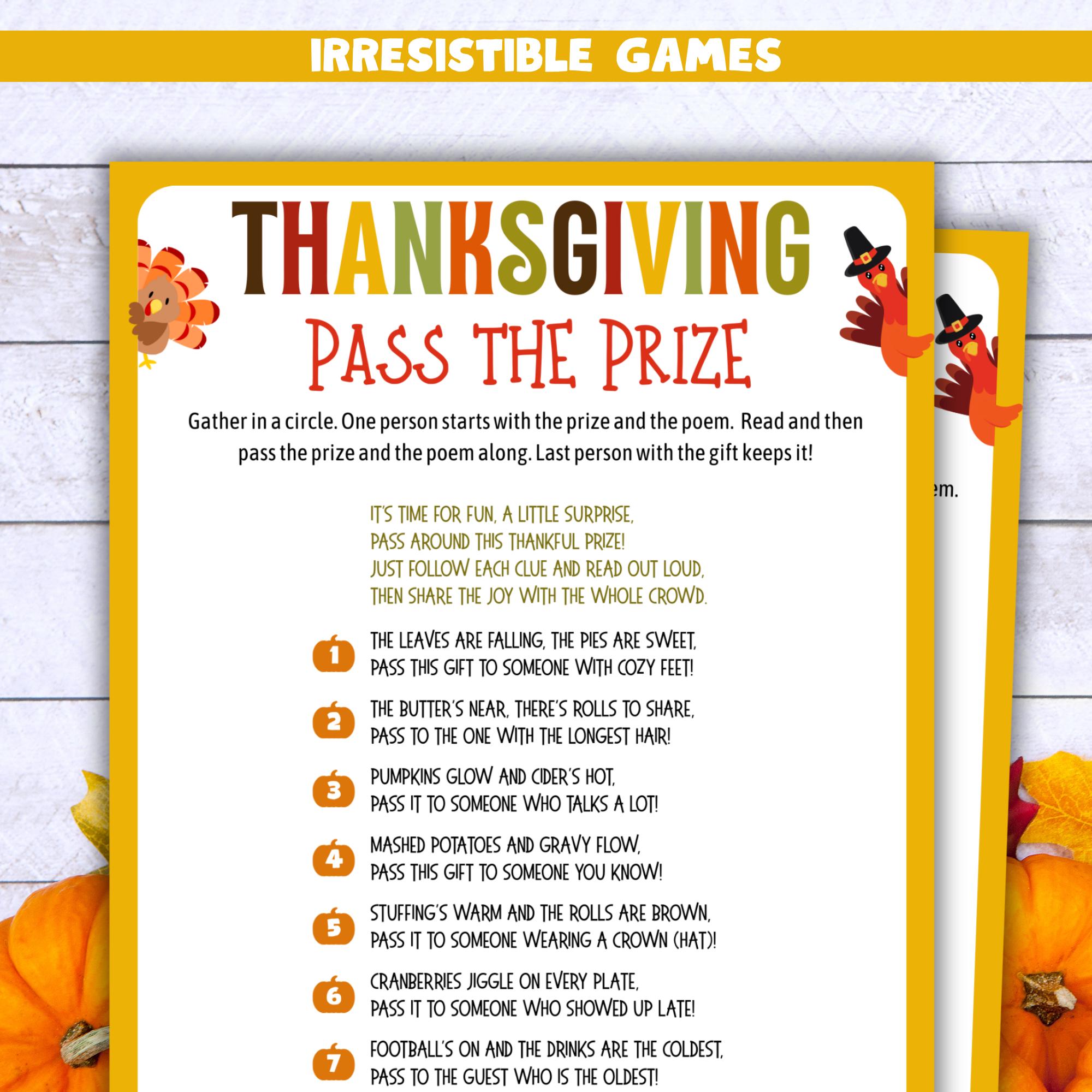 Thanksgiving Pass the Prize, Gift Passing Game, Pass the Gift Poem ...