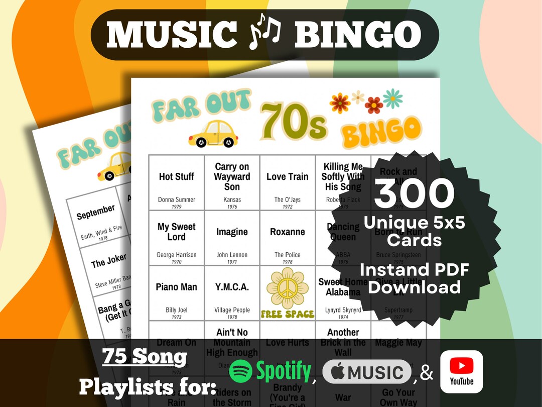 70s Songs Music Bingo. 300 Card Set. Instant PDF Download. Spotify ...