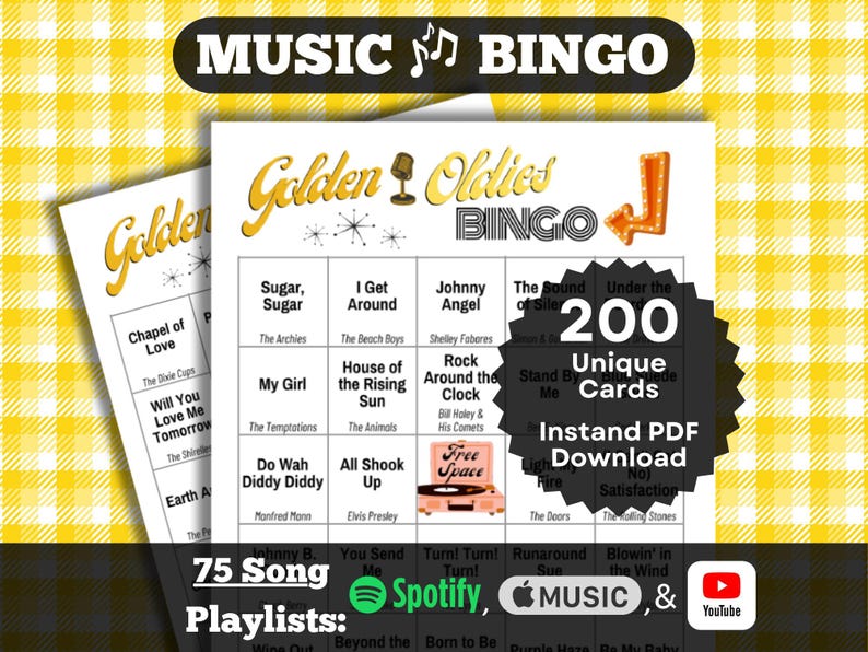 Music Bingo: Golden Oldies Bingo. 50's and 60's Classic Songs. 200 ...