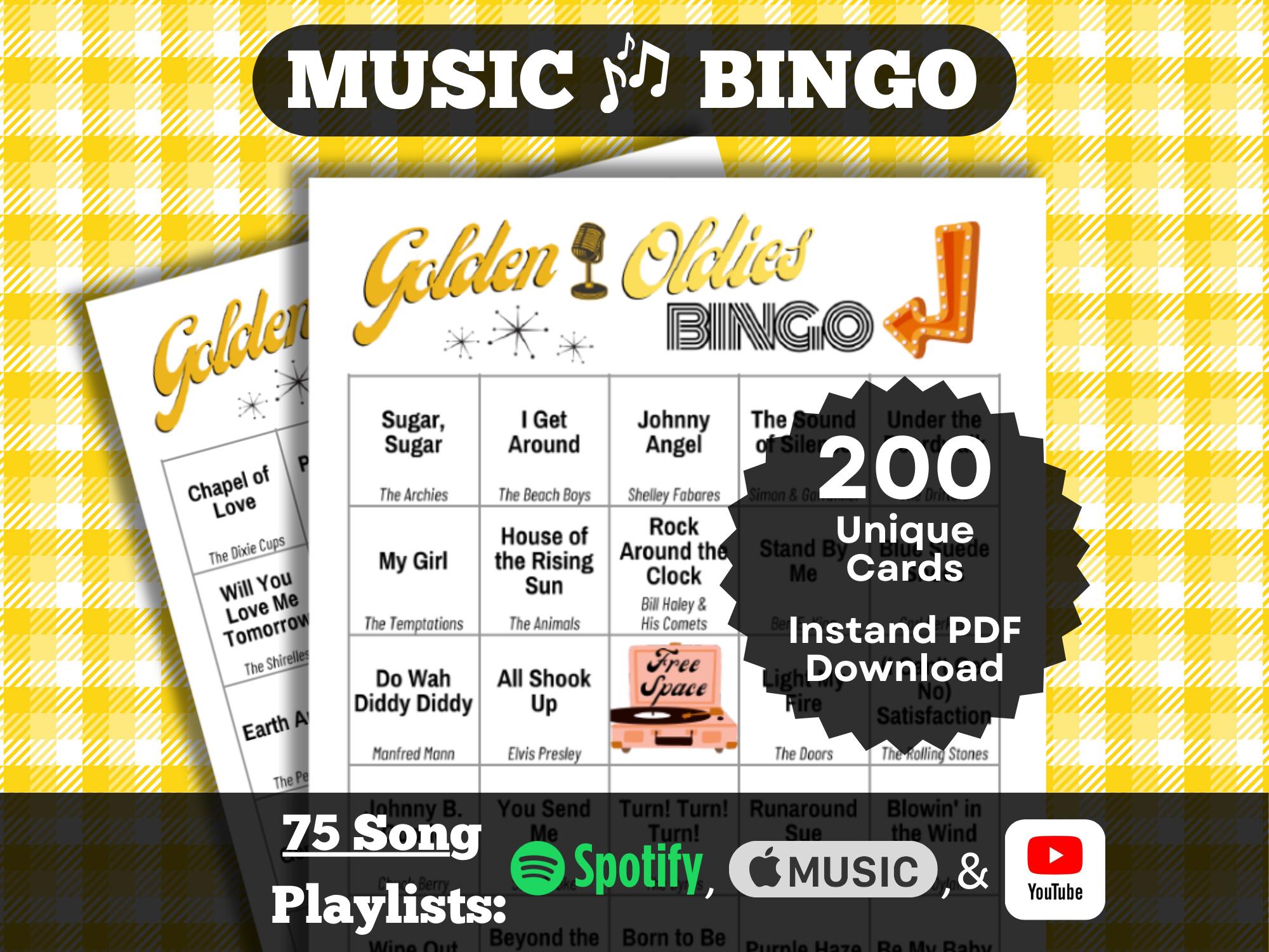 Music Bingo: Golden Oldies Bingo. 50's and 60's Classic Songs. 200 ...