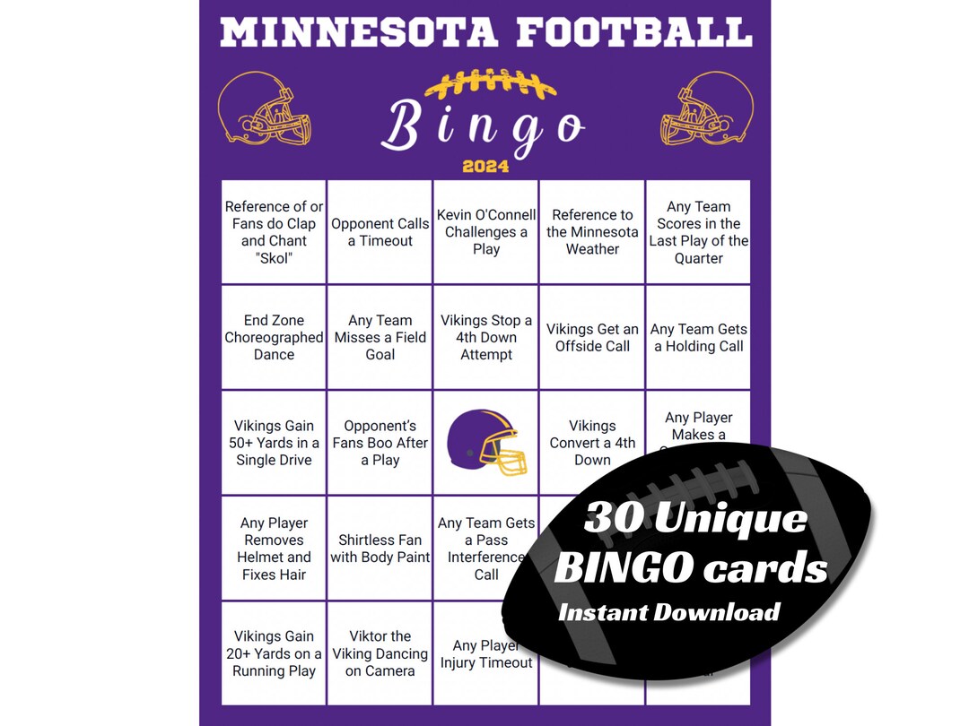2024 Minnesota Football Bingo 30 Unique Cards Instant Download Live ...
