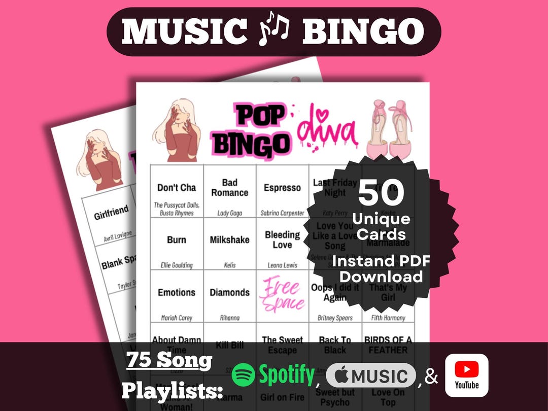 Pop Diva Songs Music Bingo. 50 Card Set. Instant PDF Download. Spotify ...