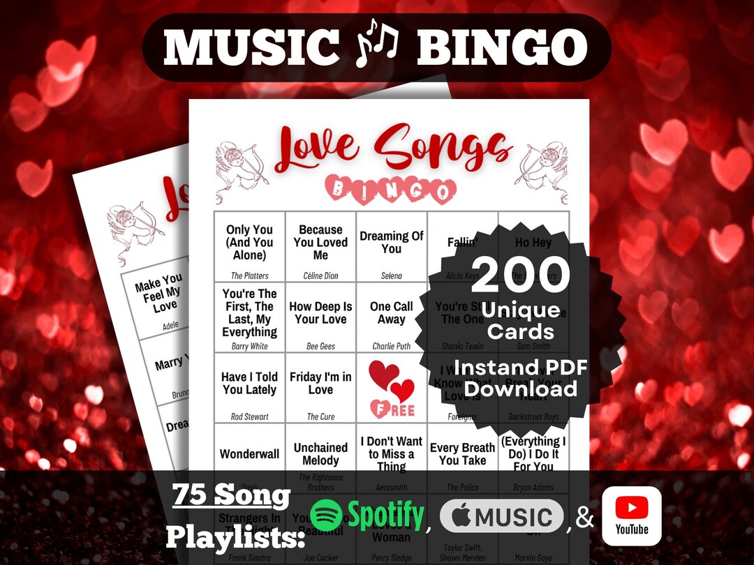 Love Songs Music Bingo | Galentine's Day and Bridal Shower Game ...