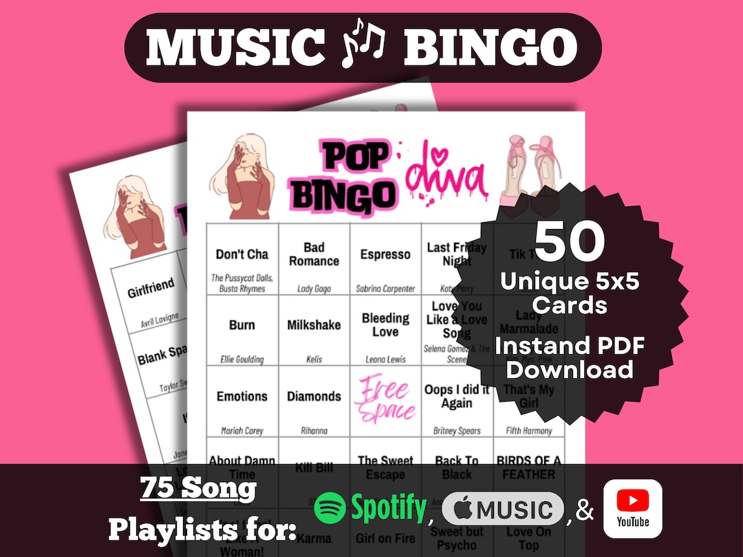 Pop Diva Songs Music Bingo. 50 Card Set. Instant PDF Download. Spotify, Apple Music, and Youtube ...