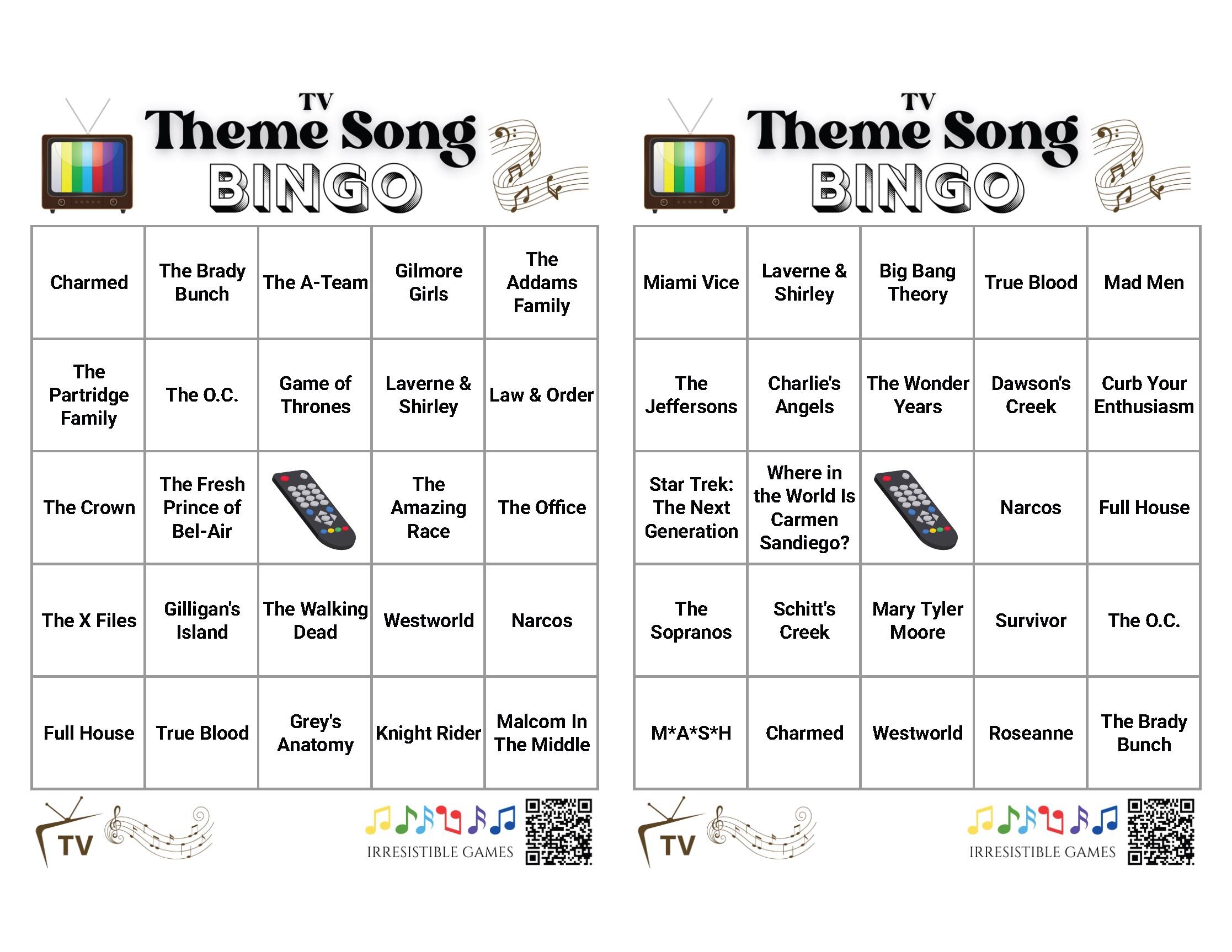 TV Theme Songs Bingo | Television Themes Music Bingo Game | Theme Music ...