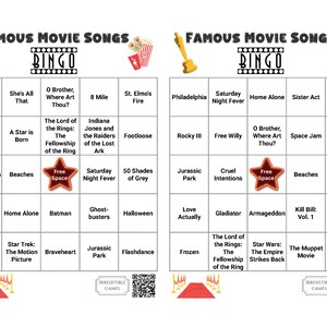 Music Bingo: Famous Movie Songs (movie Bingo, 300 Card Set, Instant PDF ...