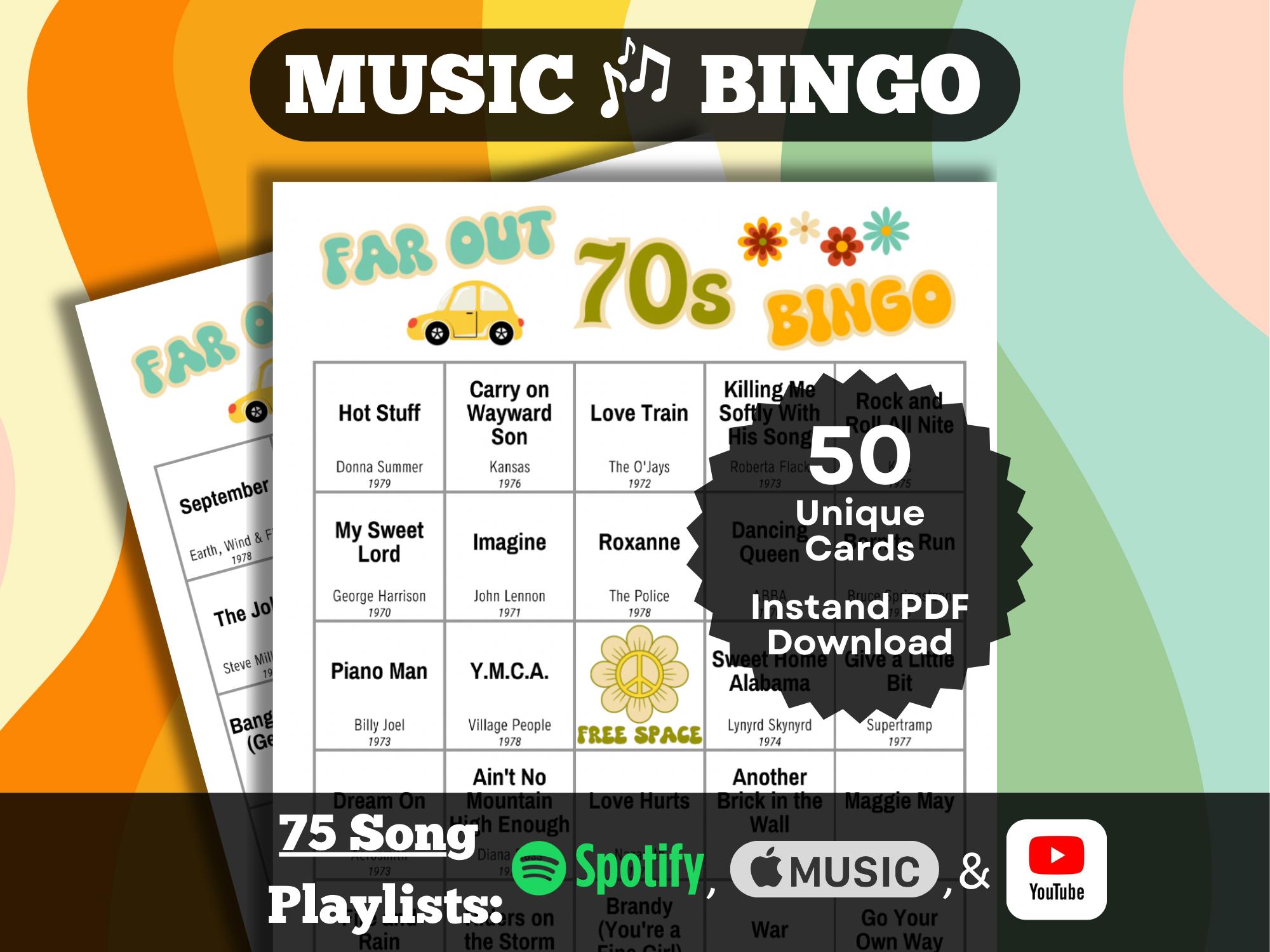 70s Songs Music Bingo. 50 Card Set. Instant PDF Download. Spotify ...