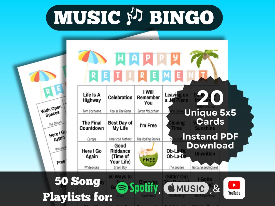 Retirement Party Music Bingo | Retirement Bingo Game | 20 Card ...