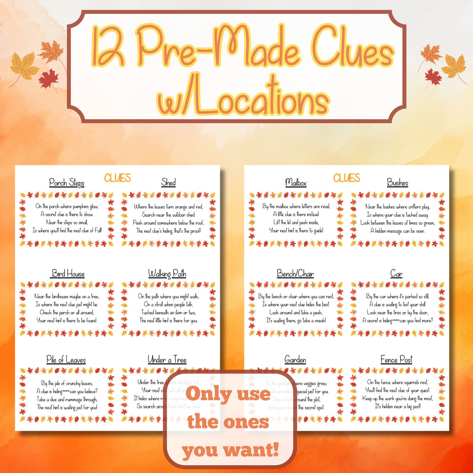 Outdoor Fall Kids Scavenger Hunt. 12 Clues Included With This Festive ...