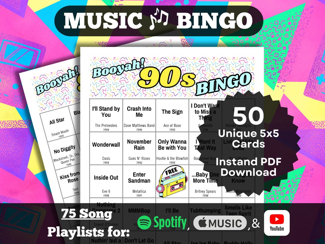 90s Songs Music Bingo. (music Hits From the 1990s, 50 Unique Cards ...