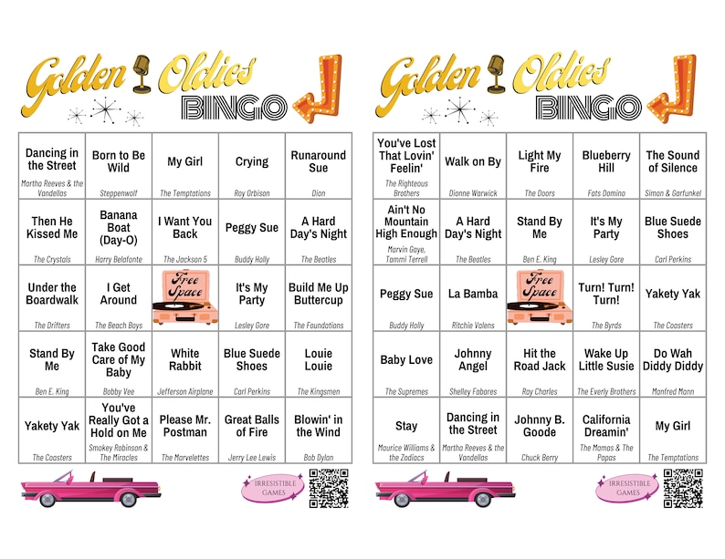 Music Bingo: Golden Oldies Bingo. 50's and 60's Classic Songs. 50 Cards ...