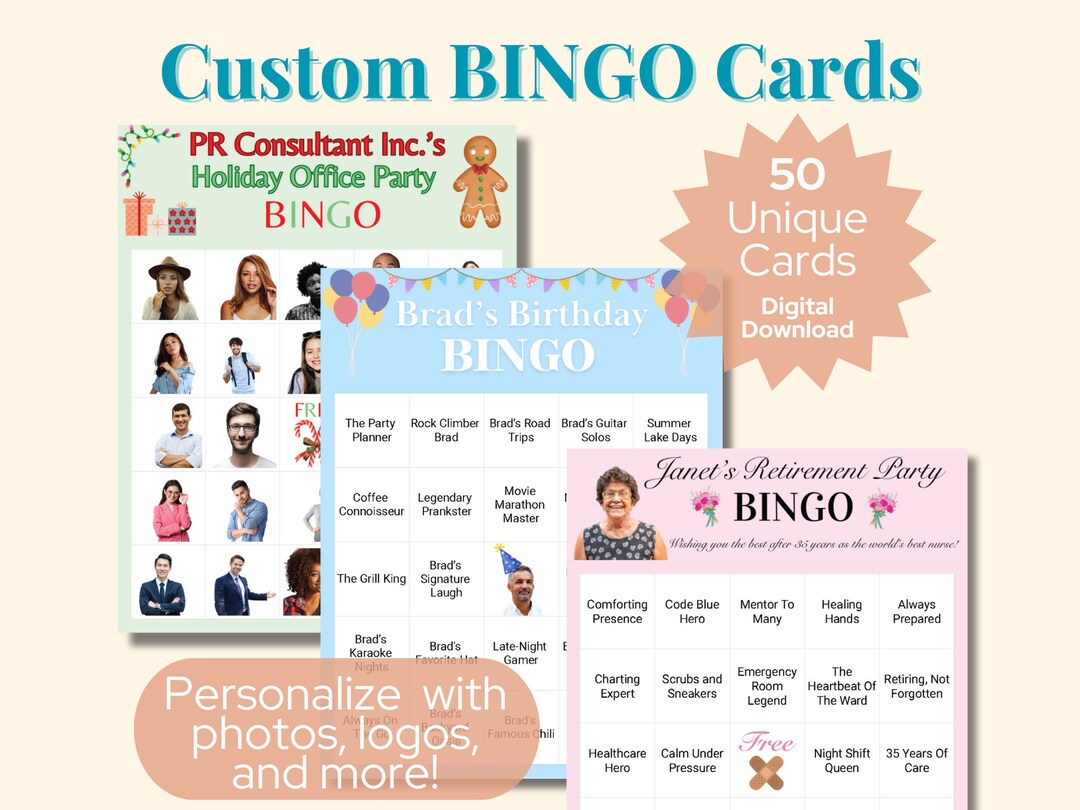 Custom Bingo Cards. 50 Card Set Personalized With Photos and 30 Bingo ...