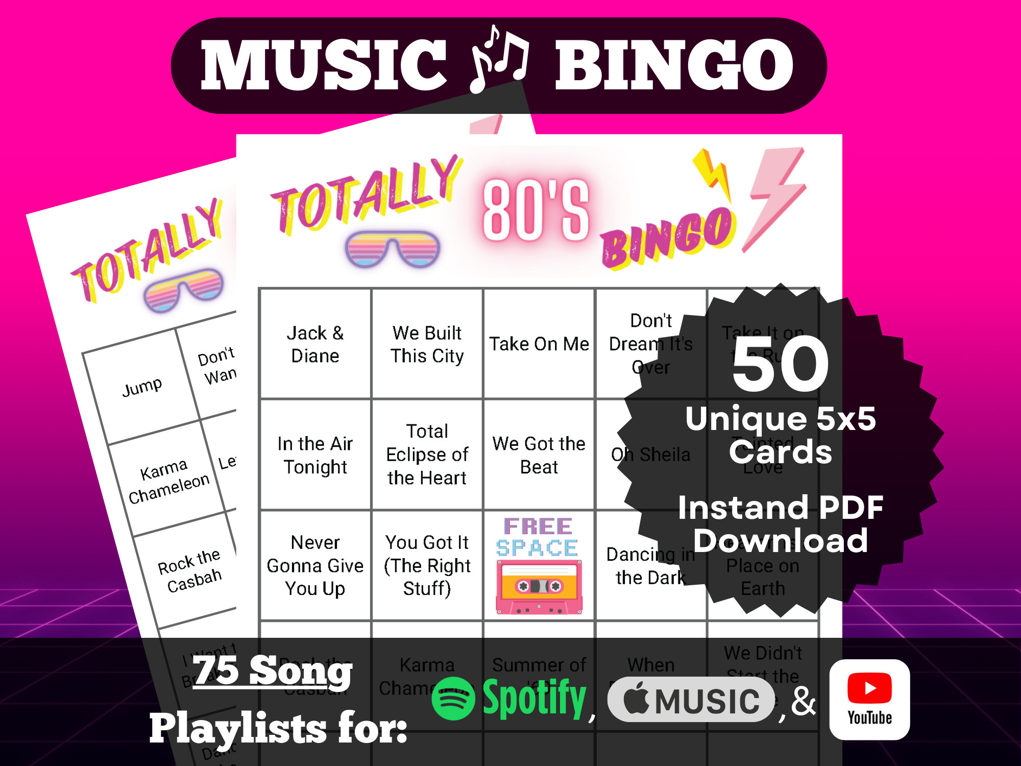 Music Bingo: Totally 80s Bingo. 50 Card Set. Instant PDF Download ...