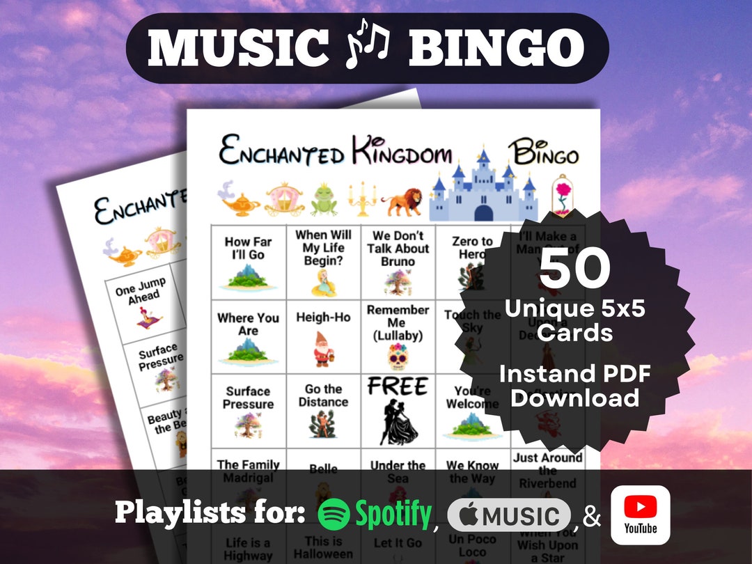 Music Bingo: Enchanted Kingdom. Animated Movie Songs & Music, 50 Card ...