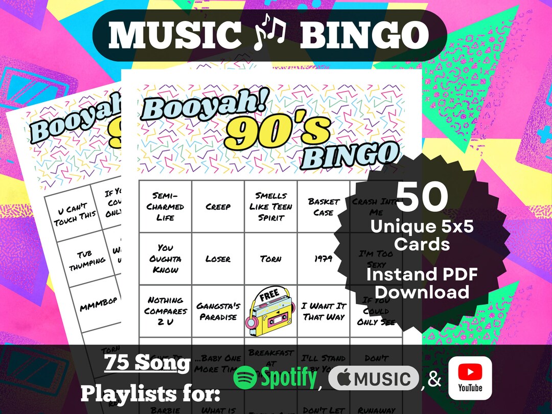 Music Bingo: 90's Bingo. music Hits From the 1990's, 50 Unique Cards ...