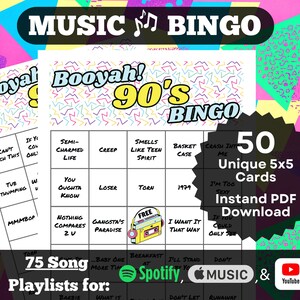 Music Bingo: 90's Bingo. music Hits From the 1990's, 50 Unique Cards ...