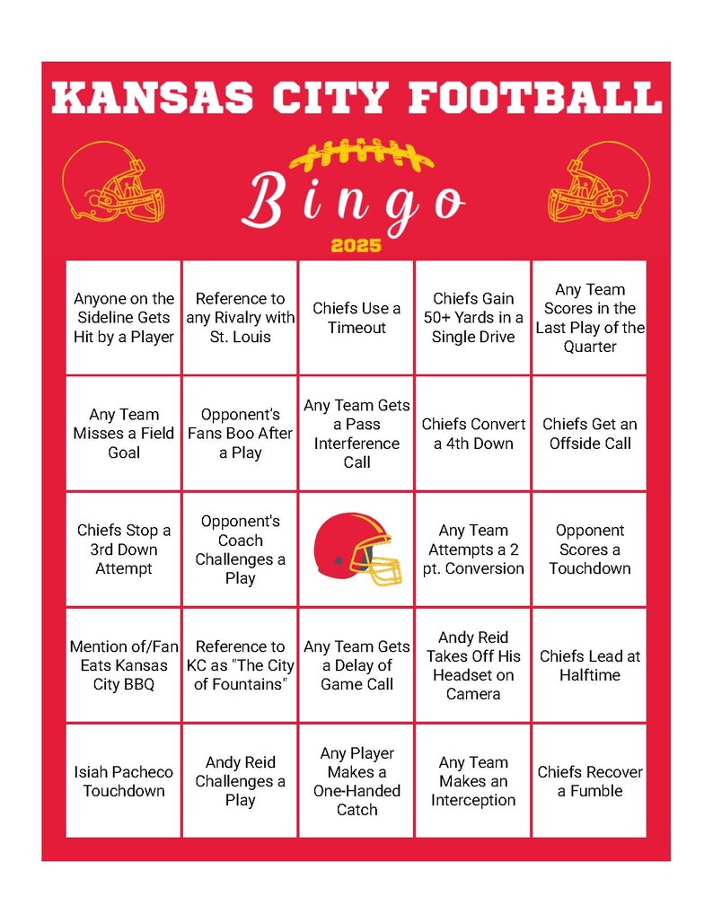 2025 Kansas City Football Bingo | Go Chiefs | 30 Unique Cards | Instant ...