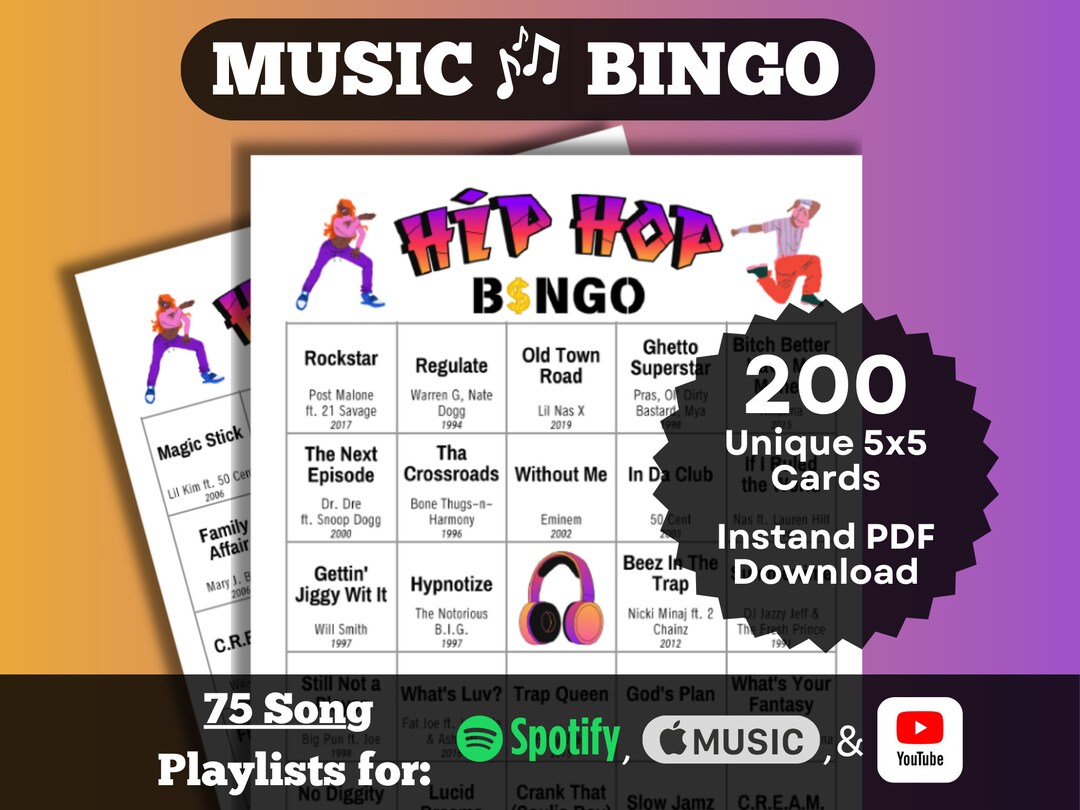 Hip Hop Music Bingo. 3 Decades of Hits 1990s, 2000s, 2010s. 200 Unique ...