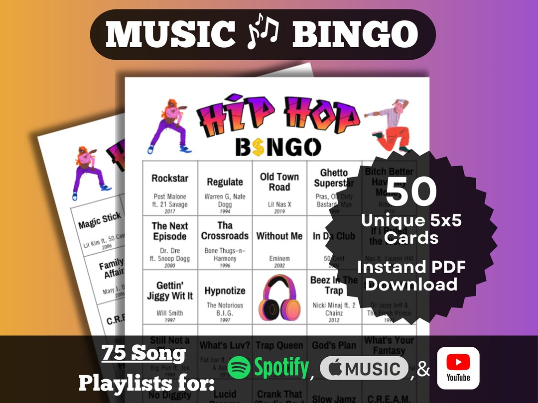 Hip Hop Music Bingo. 3 Decades of Hits 1990s, 2000s, 2010s. 50 Unique ...