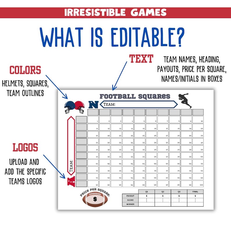 Football Squares Editable Template, 100 Super Big Game Squares ...