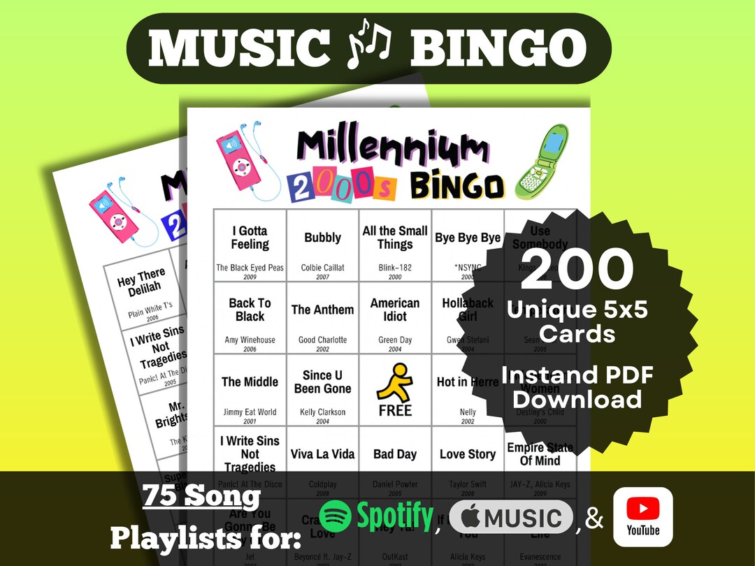 Millennium 2000s Songs Music Bingo. Hits From 2000-2009. 200 Unique ...