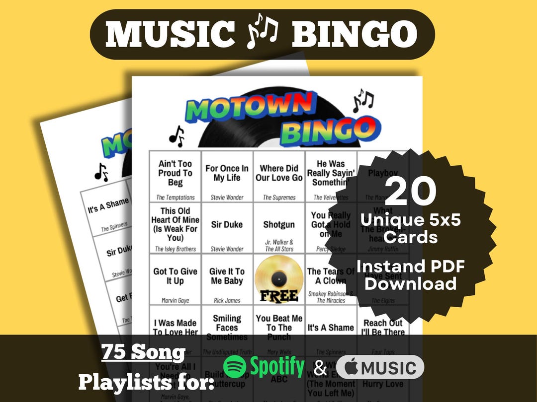 Motown Music Bingo Game | Oldies Music Bingo | 60s and 70s Motown Songs ...