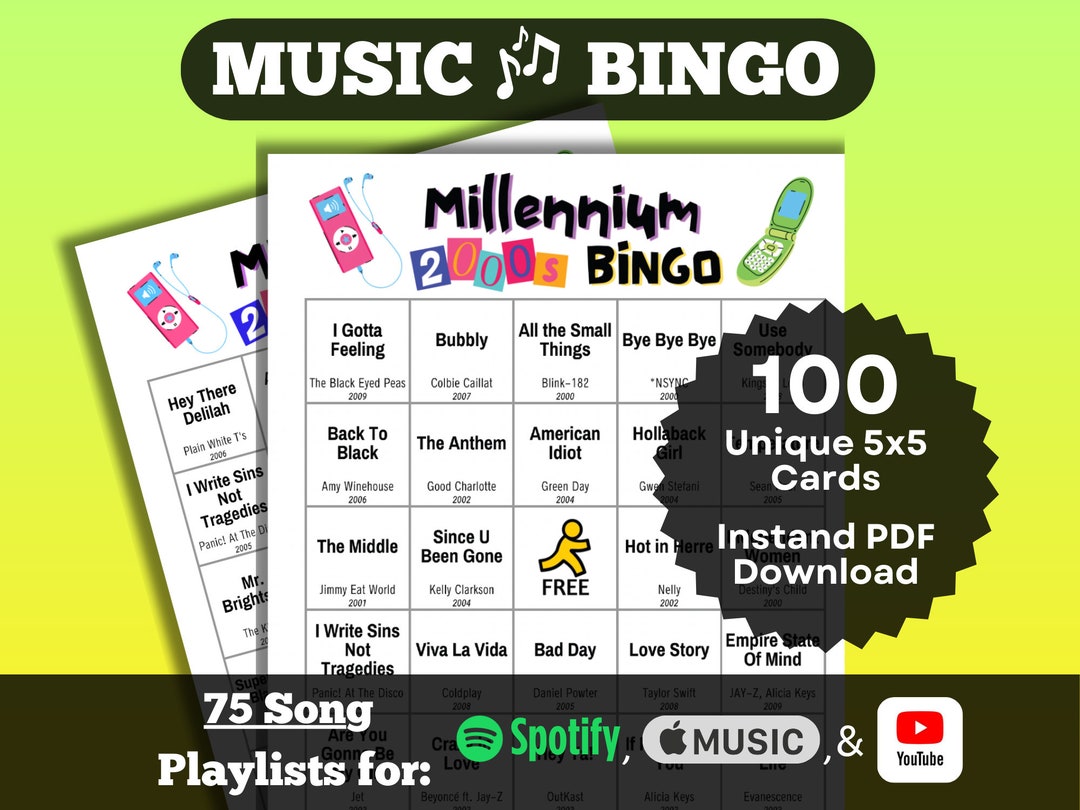 Millennium 2000s Songs Music Bingo. Hits From 2000-2009. 100 Unique ...