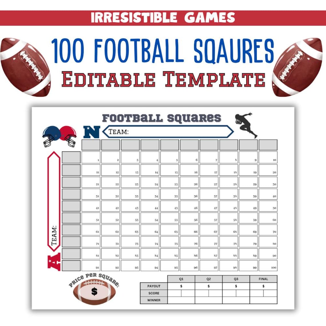 Football Squares Editable Template, 100 Super Big Game Squares ...