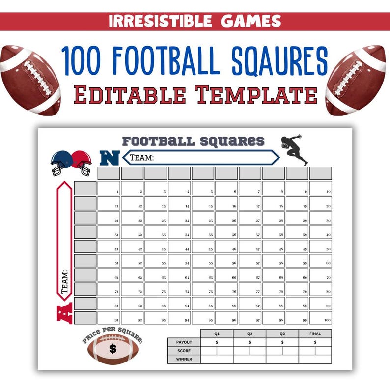 Football Squares Editable Template, 100 Super Big Game Squares ...
