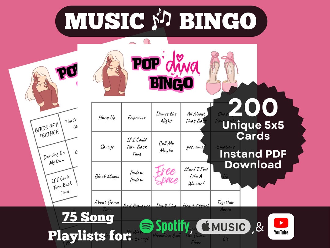 Music Bingo: Pop Diva Bingo. 200 Card Set. Instant PDF Download ...