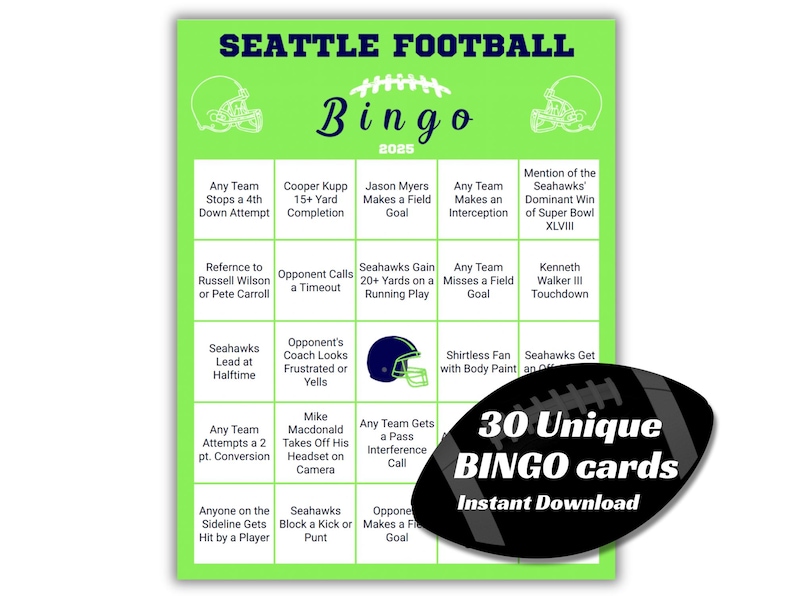 2025 Seattle Football Bingo: 30 Unique Game Cards (instant Download) - Etsy