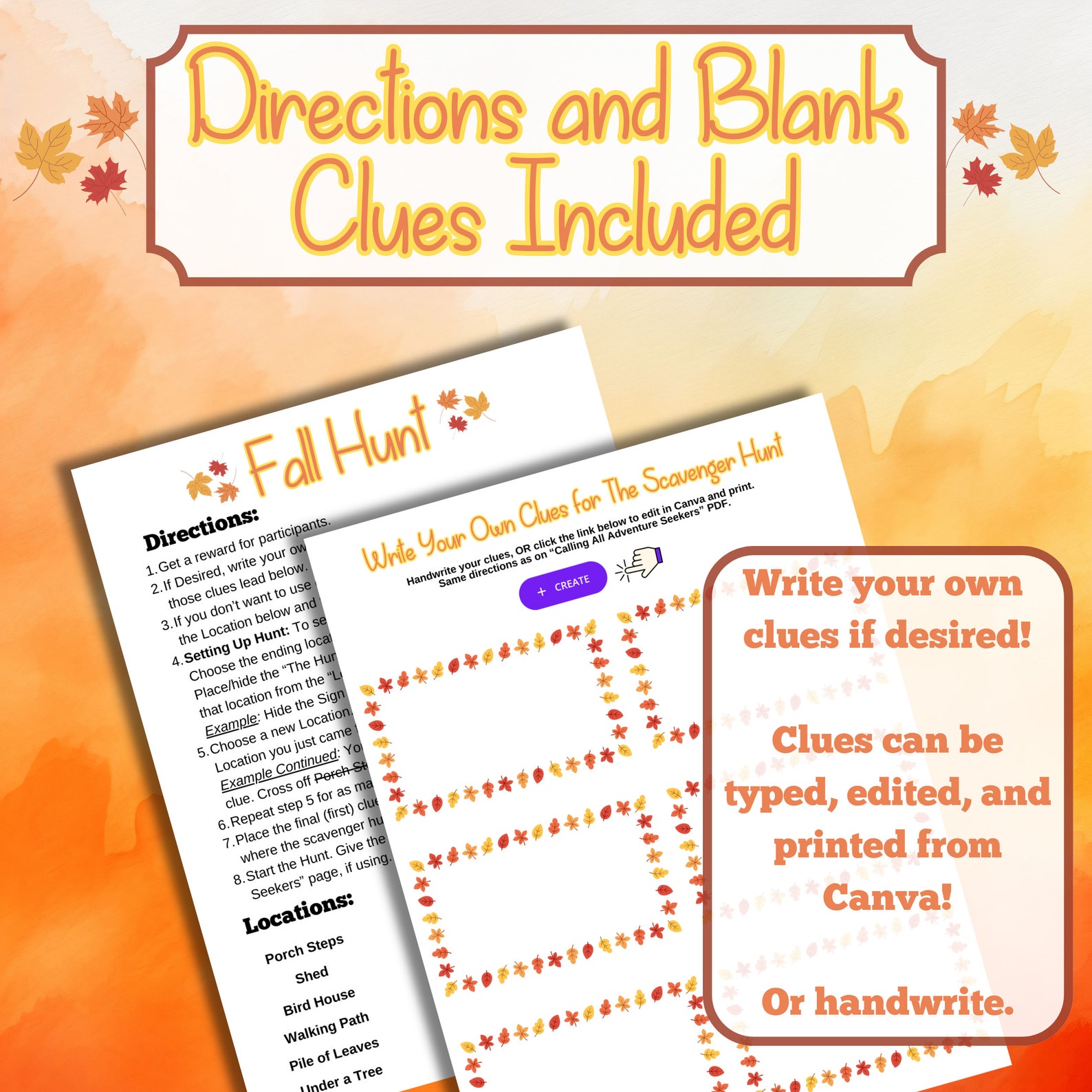 Outdoor Fall Kids Scavenger Hunt. 12 Clues Included With This Festive ...