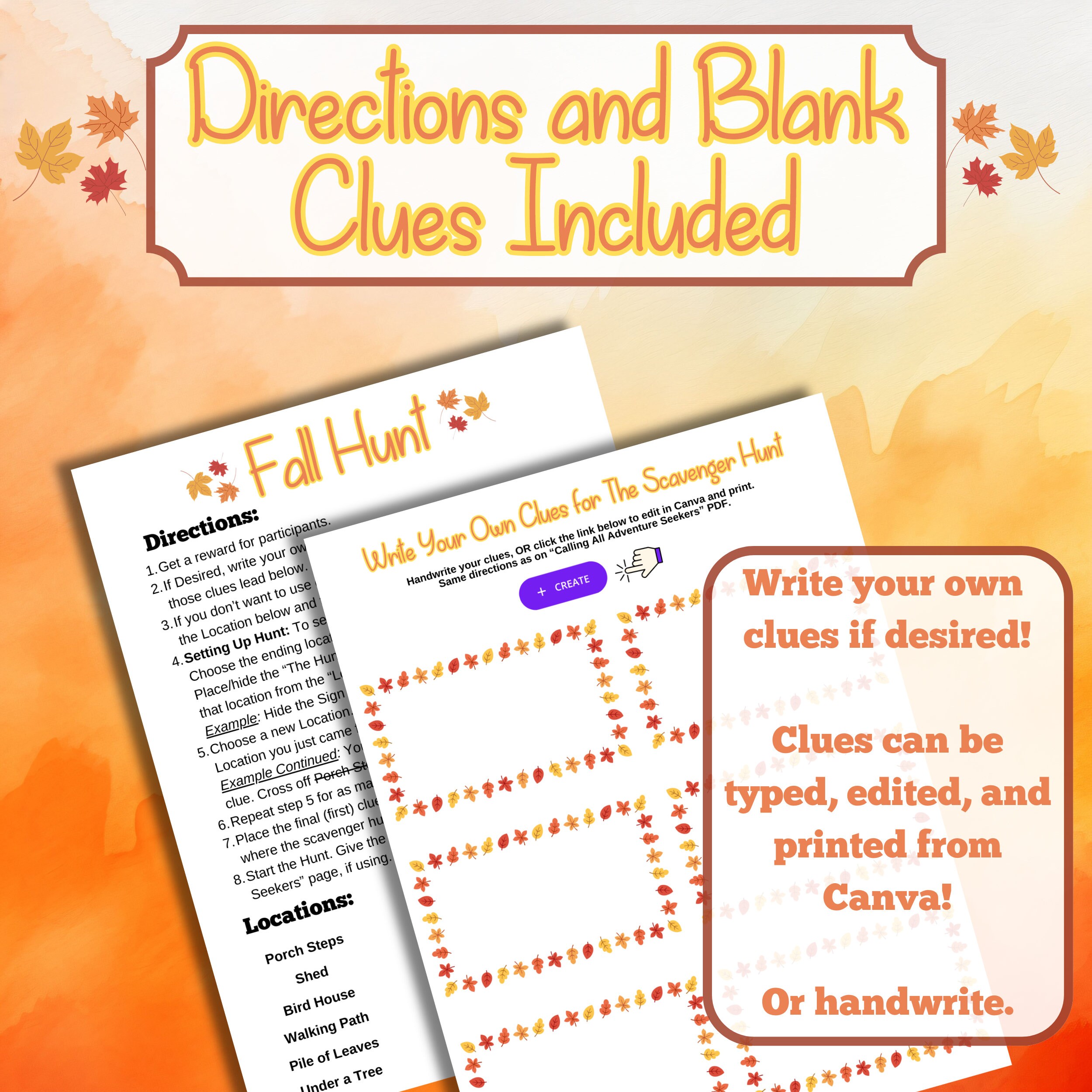 Outdoor Fall Kids Scavenger Hunt. 12 Clues Included With This Festive ...