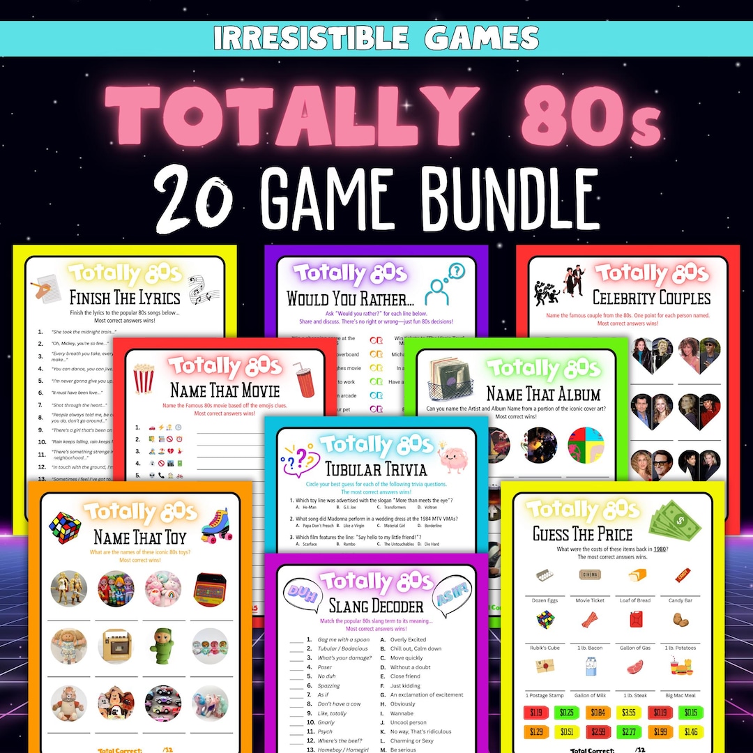 80s Game Bundle | Printable 80s Trivia Games | 80's Party Games and ...