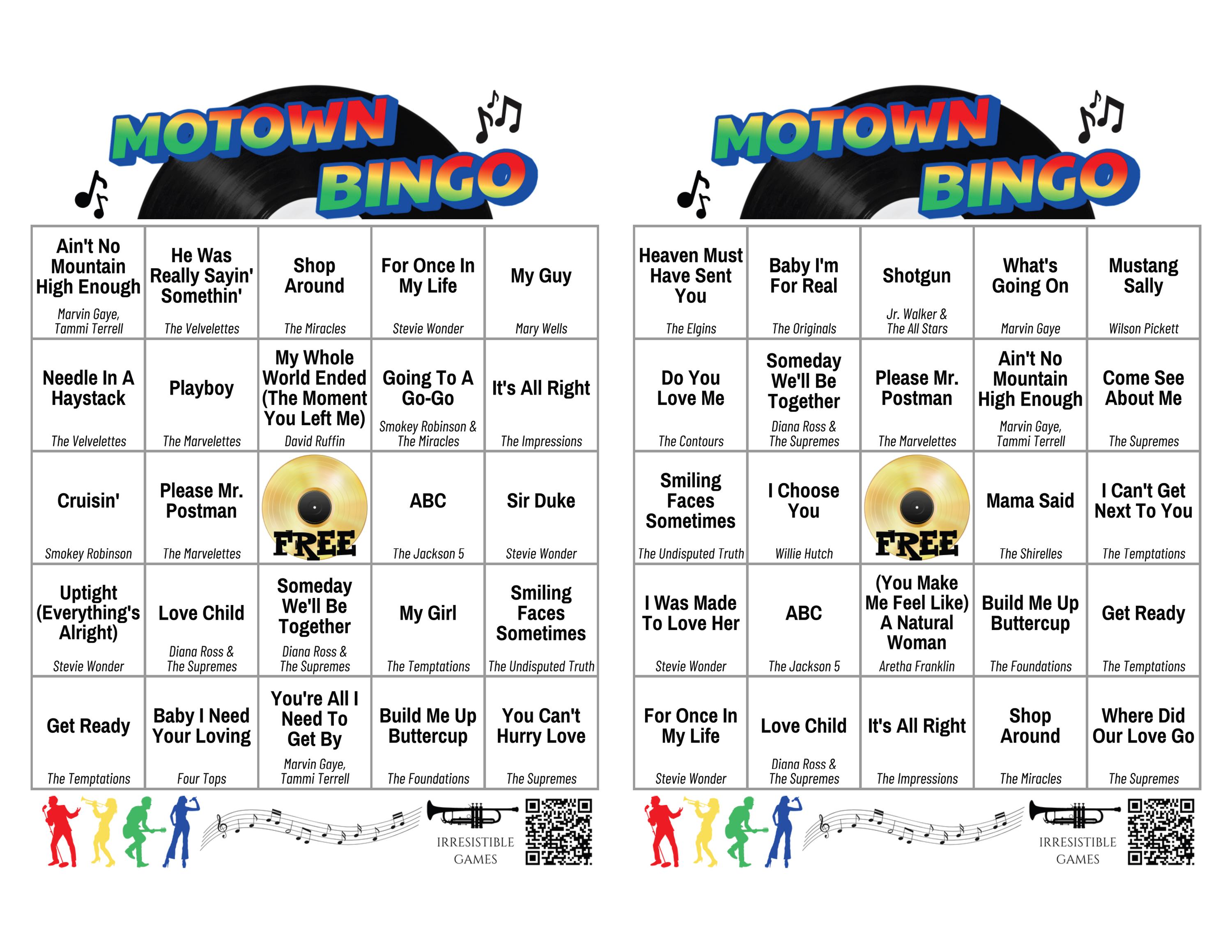 Motown Music Bingo Game | Oldies Music Bingo | 60s and 70s Motown Songs ...