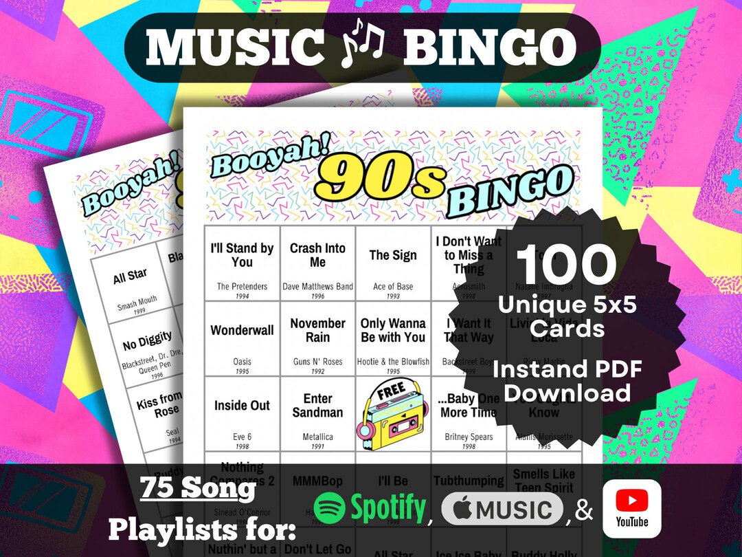 90s Songs Music Bingo. (music Hits From the 1990s, 100 Unique Cards ...