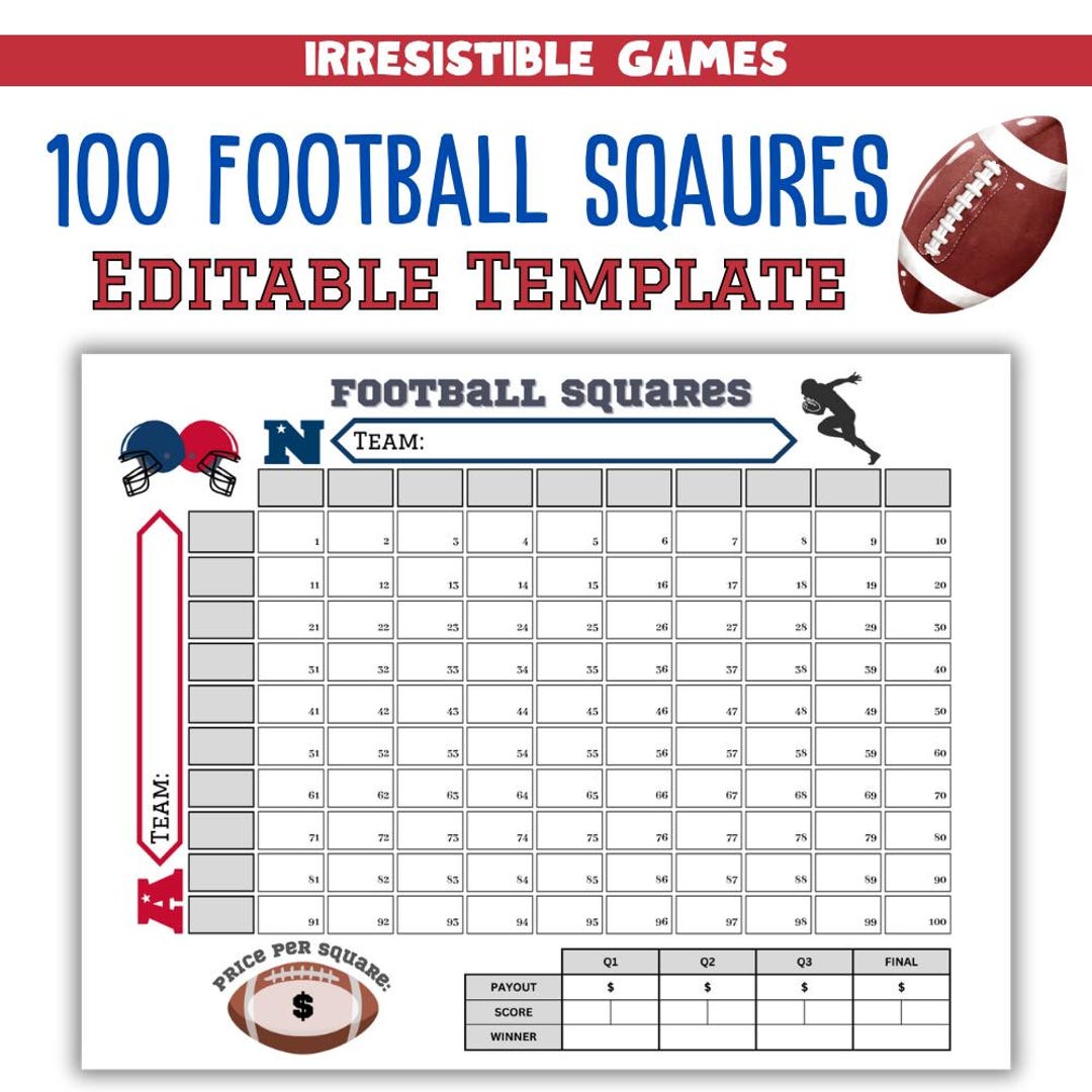 Football Squares Editable Template, 100 Super Big Game Squares ...