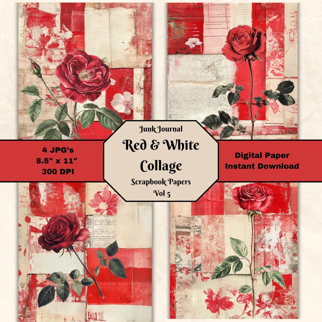 Red and White Collage Scrapbook Paper V5 Mixed Media Decoupage Craft ...