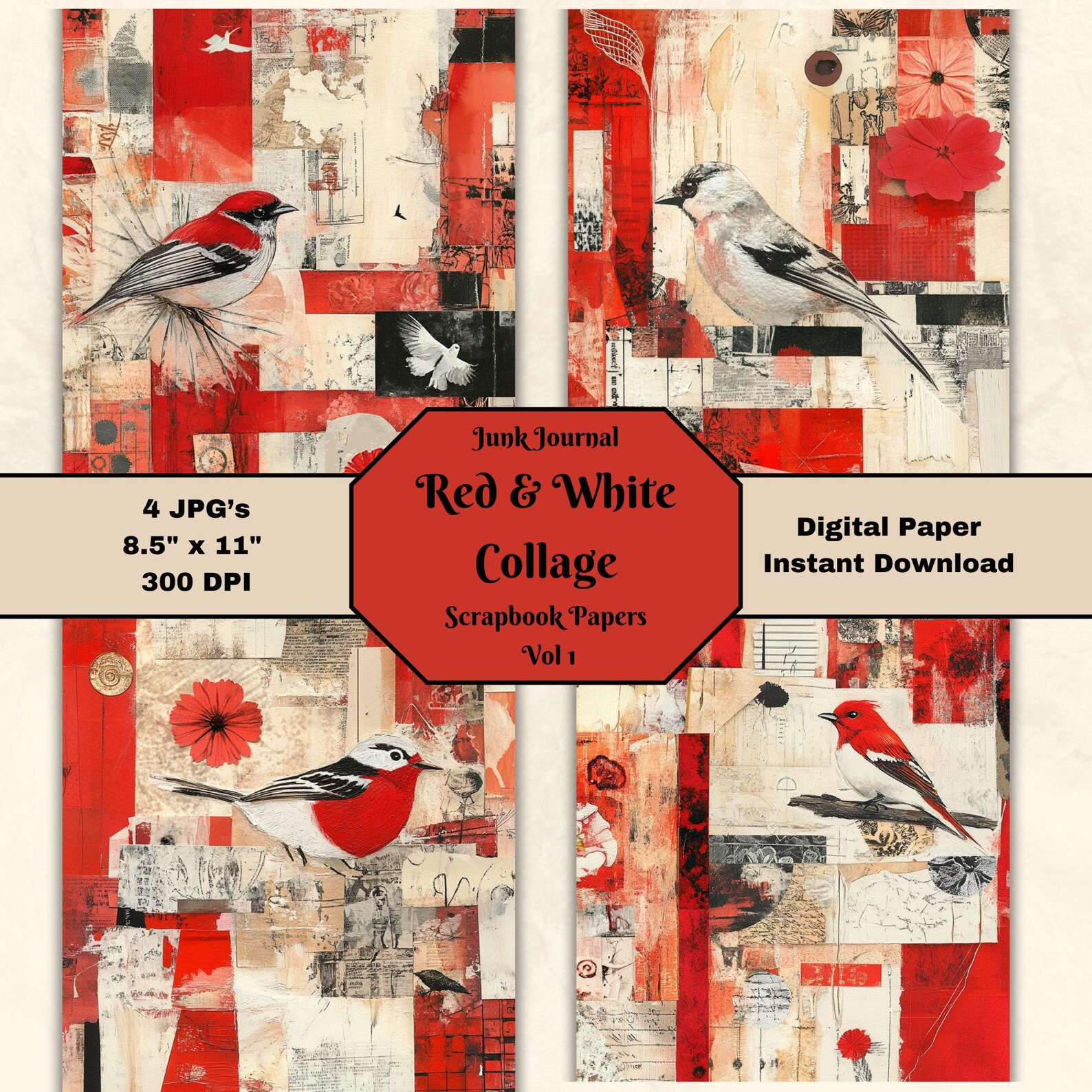 Red and White Collage Scrapbook Paper V1 Mixed Media Decoupage Craft ...