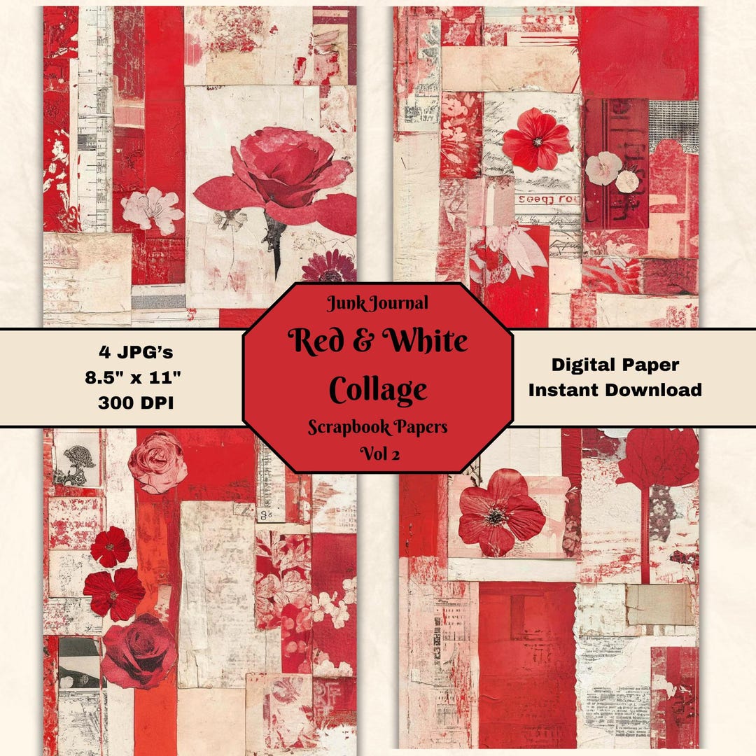 Red and White Collage Scrapbook Paper V2 Mixed Media Decoupage Craft ...
