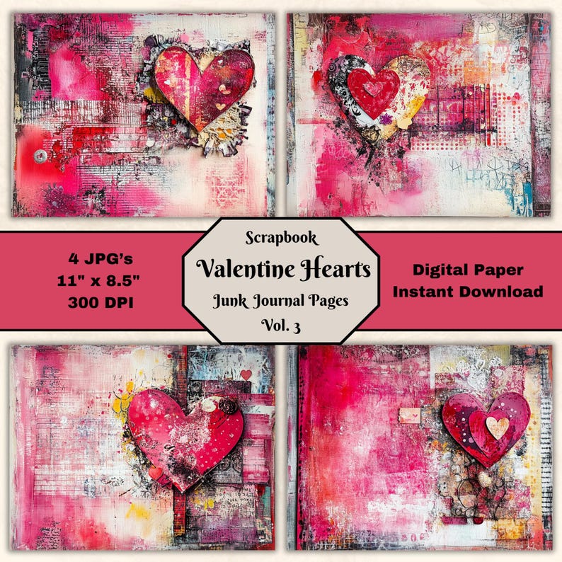 Valentine Hearts Junk Journal Pages V3 Landscape 11 X 8.5 Mixed Media ...