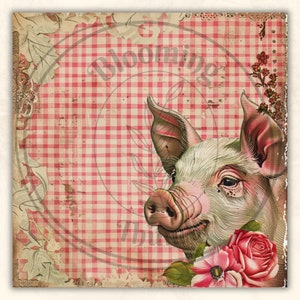 Vintage Red Gingham Pigs Floral Junk Journal Paper Vol 2 Antique Farm ...