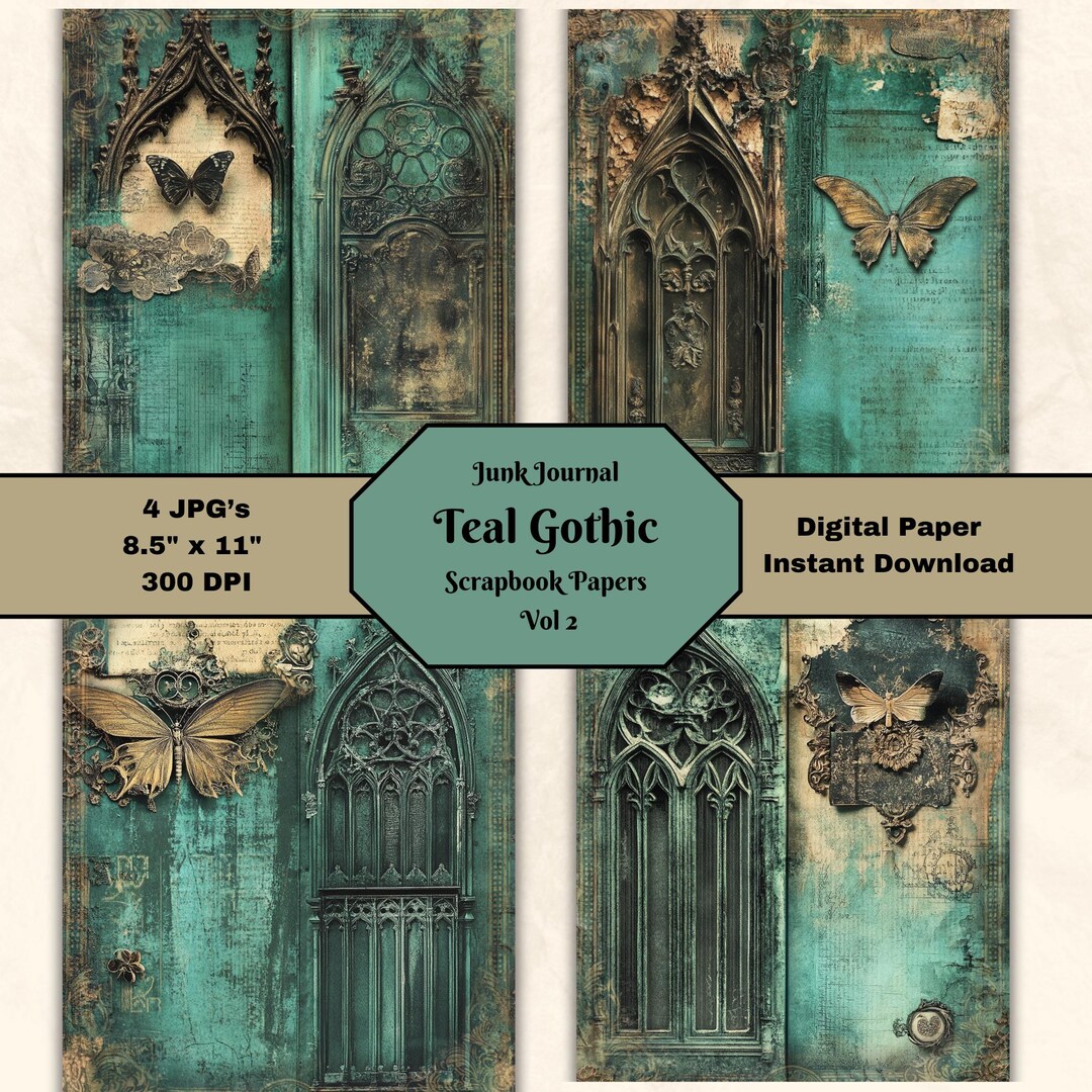 Dark Teal Gothic Junk Journal Paper: Collage Scrapbook (digital ...