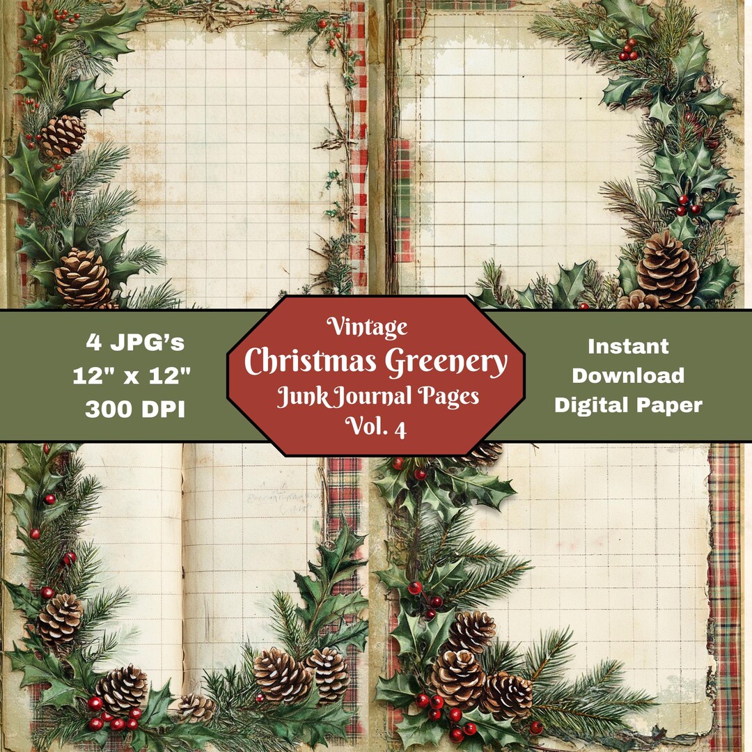 Vintage Christmas Greenery Junk Journal Paper Vol 4 Plaid Pine Cones ...